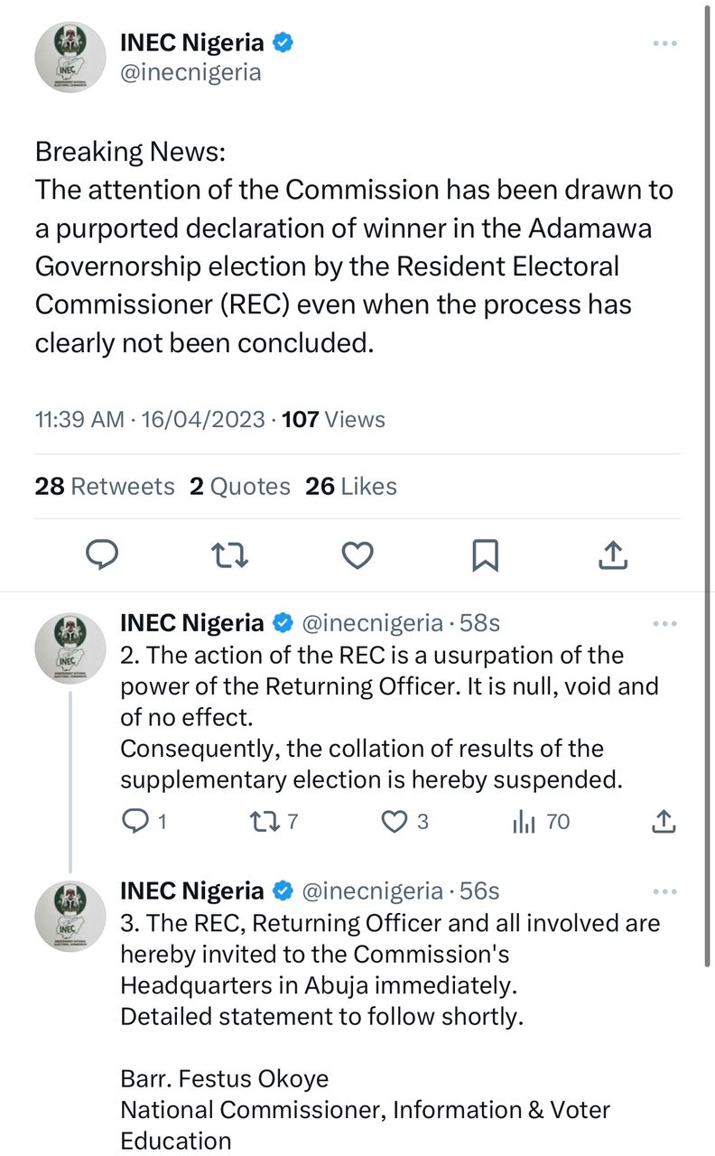 UPDATED: INEC Headquarters Reacts to Declaration of Binani Gov-Elect, Suspends Process – First ...